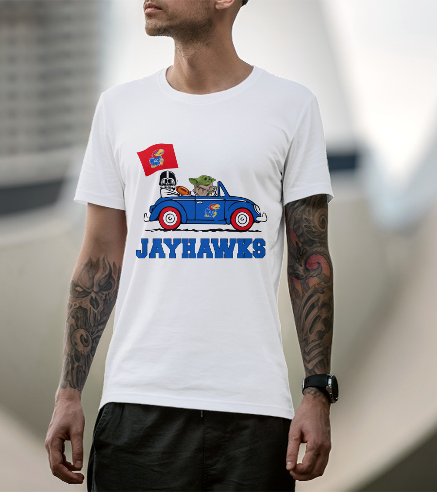 Kansas Jayhawks Darth Vader Baby Yoda Driving With Flag Star Wars Football T-Shirt
