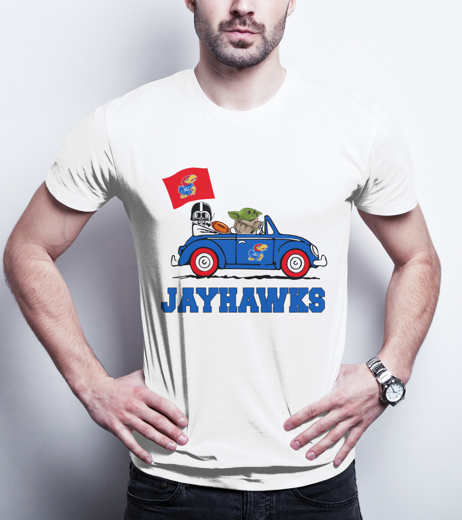 Kansas Jayhawks Darth Vader Baby Yoda Driving With Flag Star Wars Football T-Shirt