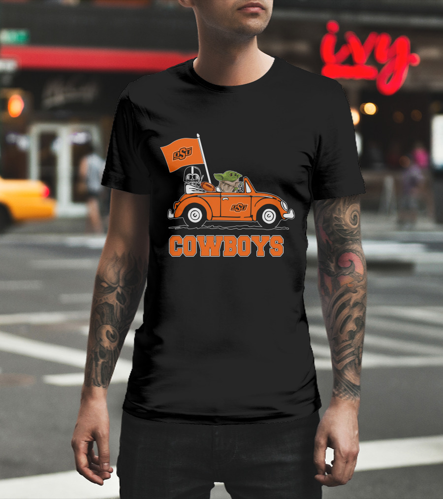 Oklahoma State Cowboys Darth Vader Baby Yoda Driving OsU Flag T-Shirt