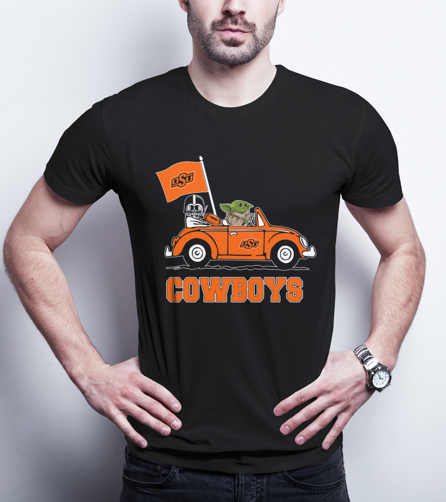 Oklahoma State Cowboys Darth Vader Baby Yoda Driving OsU Flag T-Shirt