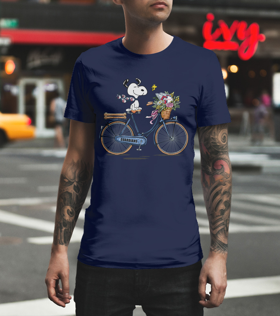 Cleveland Guardians Snoopy Riding Bicycle With Flowers And Baseball Bow Tie T-Shirt