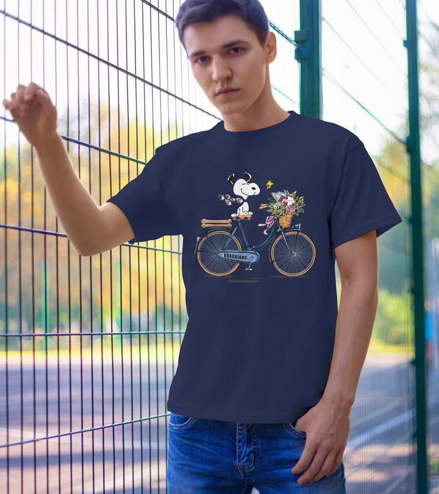 Cleveland Guardians Snoopy Riding Bicycle With Flowers And Baseball Bow Tie T-Shirt