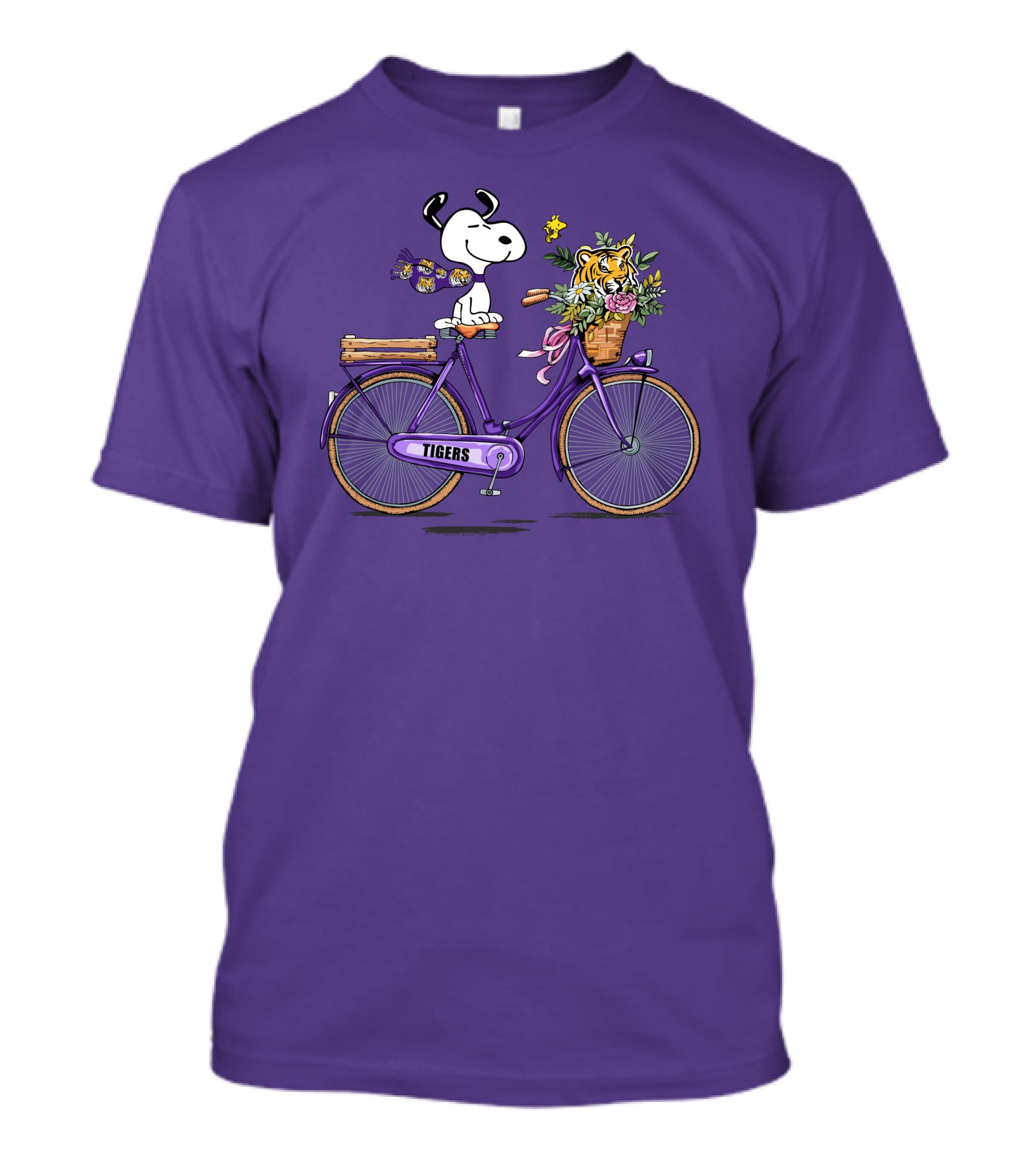 Snoopy Riding Purple Bicycle With LSU Tigers Bouquet T-Shirt