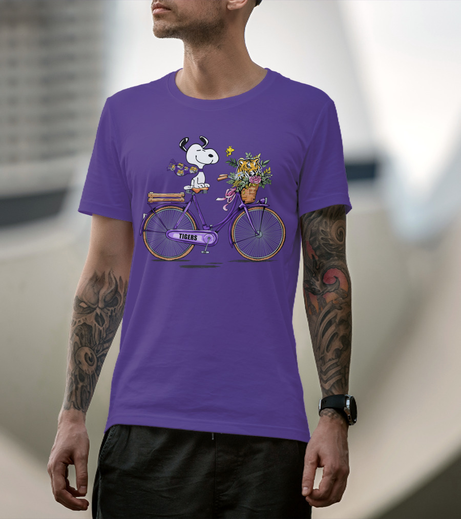 Snoopy Riding Purple Bicycle With LSU Tigers Bouquet T-Shirt