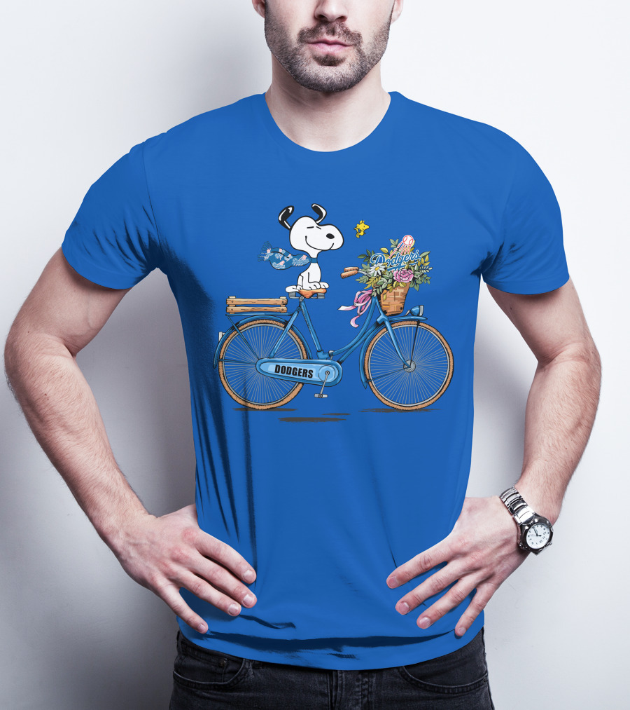 Los Angeles Dodgers Snoopy Riding Bicycle With Woodstock And Flowers T-Shirt