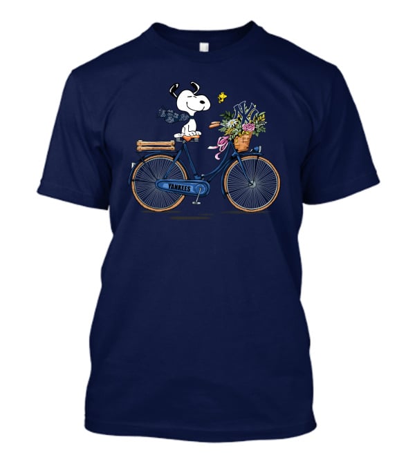 New York Yankees Snoopy On Bicycle With Woodstock And Flowers T-Shirt