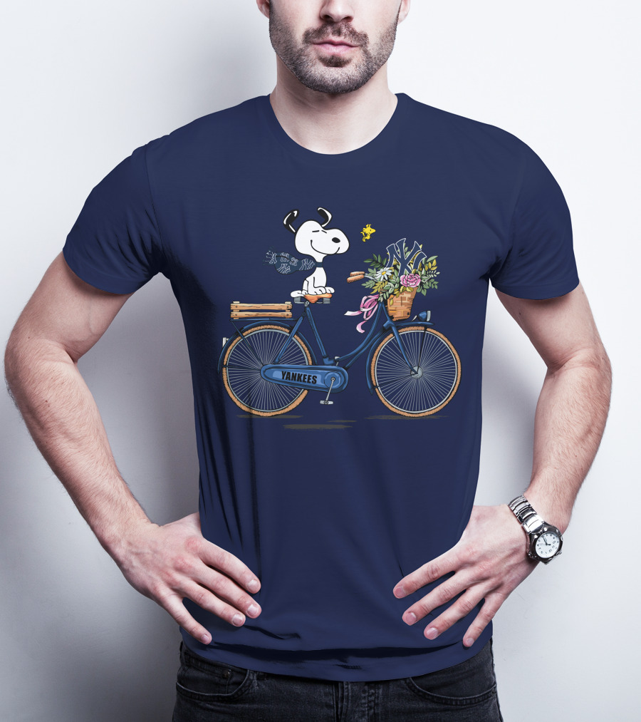 New York Yankees Snoopy On Bicycle With Woodstock And Flowers T-Shirt