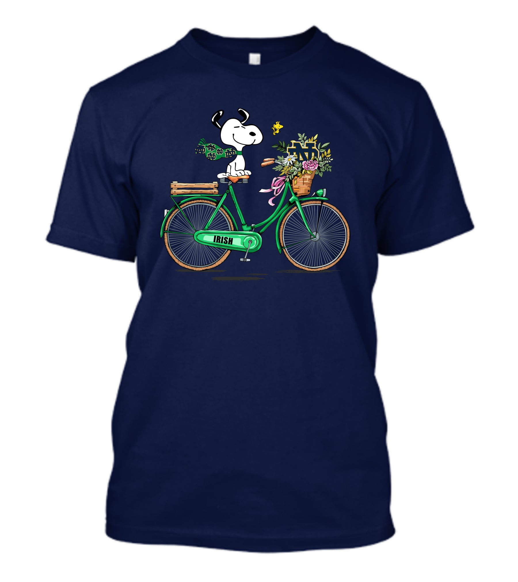 Notre Dame Fighting Irish Snoopy On Bicycle With Flowers And Woodstock T-Shirt