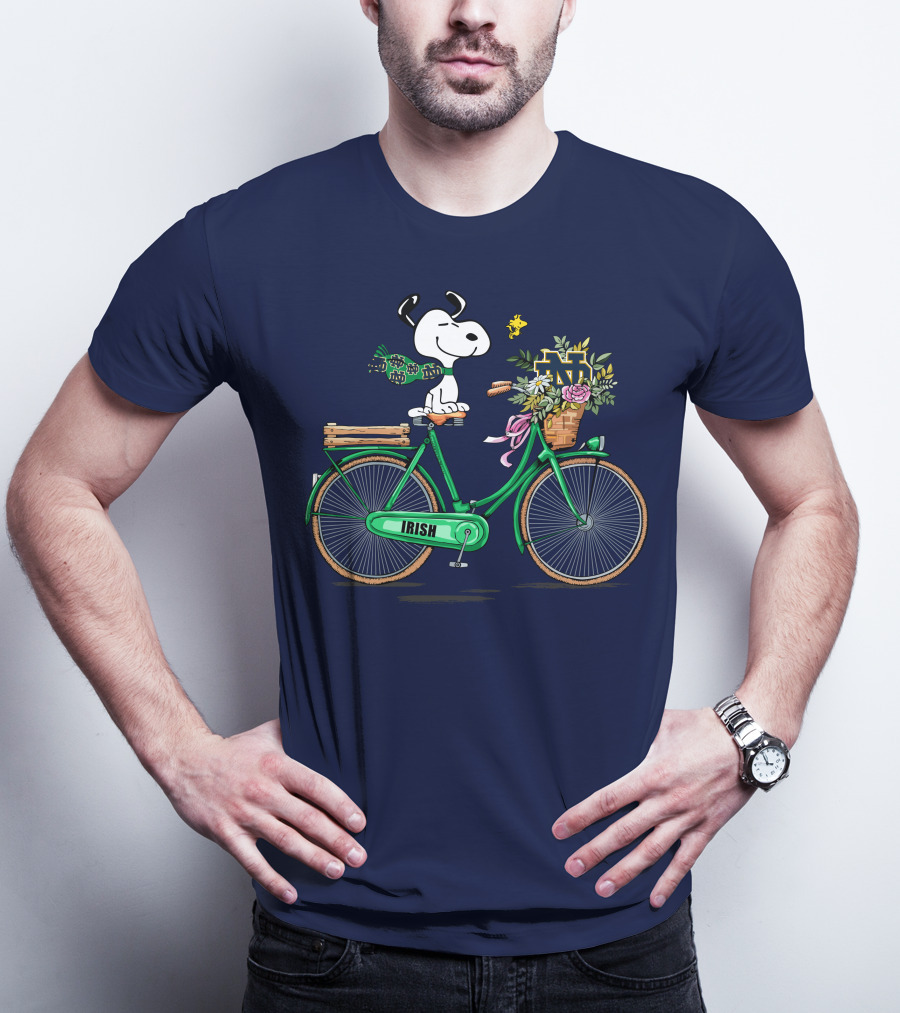 Notre Dame Fighting Irish Snoopy On Bicycle With Flowers And Woodstock T-Shirt