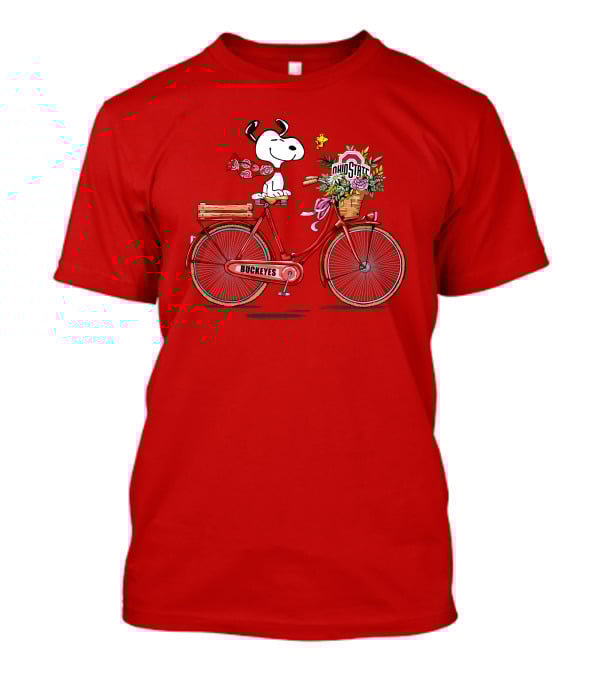 Ohio State Buckeyes Snoopy On Bicycle With Woodstock And Flowers T-Shirt