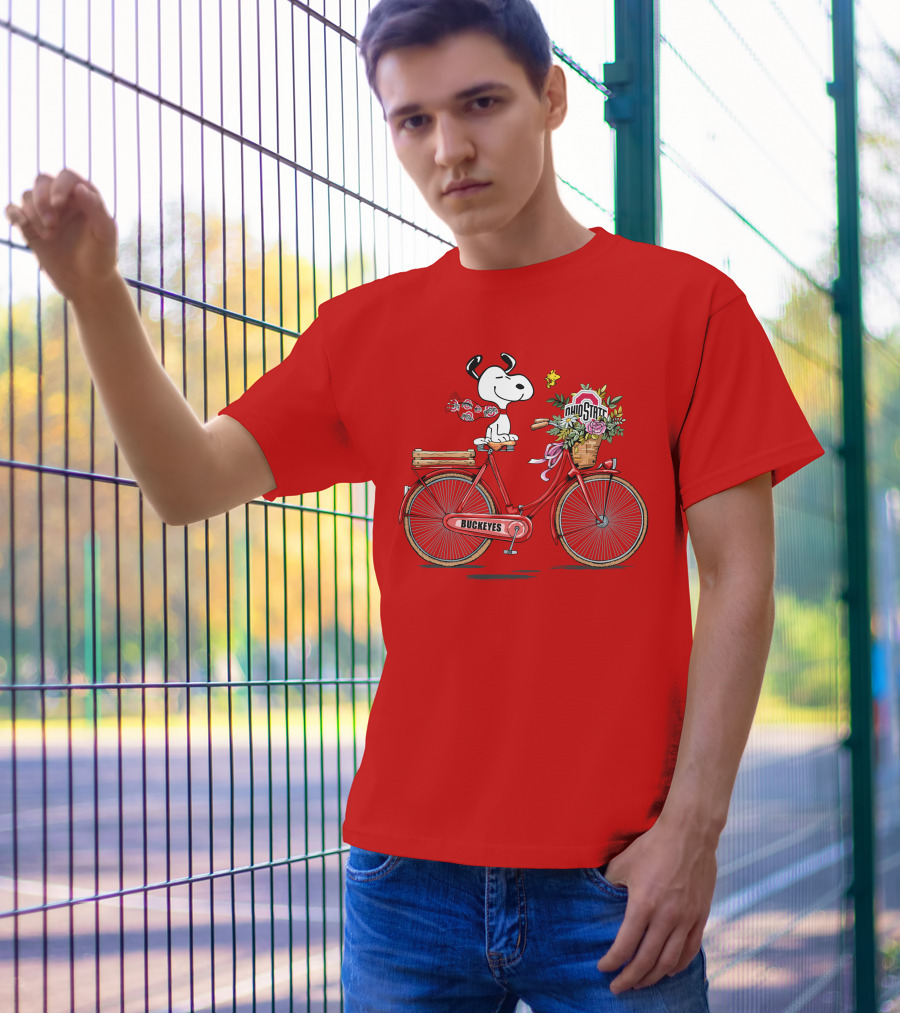 Ohio State Buckeyes Snoopy On Bicycle With Woodstock And Flowers T-Shirt