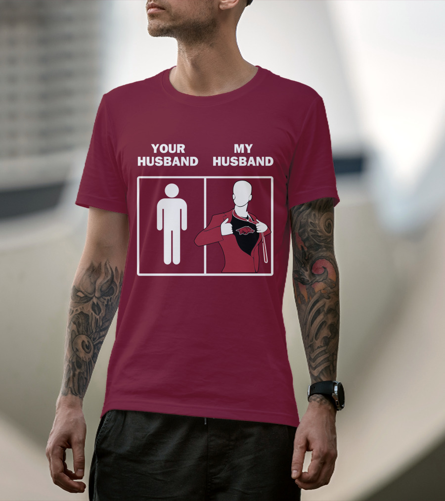 Arkansas Razorbacks Your Husband My Husband Superhero Fan Comparison T-Shirt