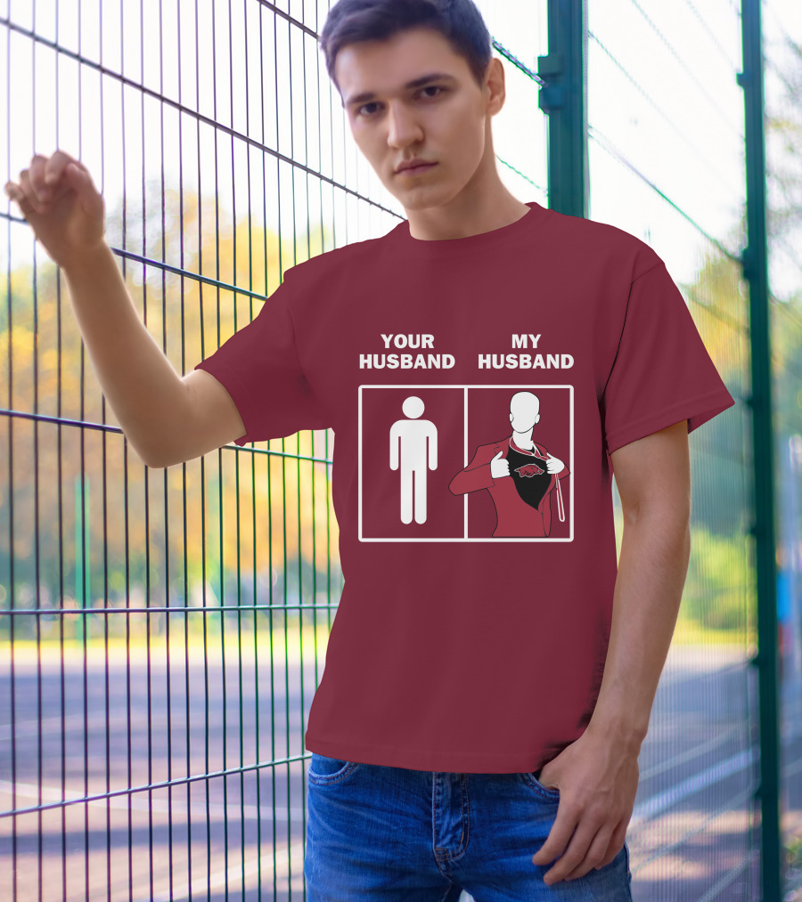 Arkansas Razorbacks Your Husband My Husband Superhero Fan Comparison T-Shirt