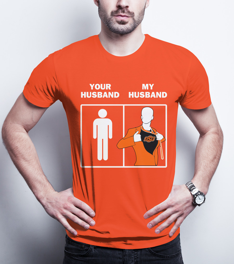 Oklahoma State Cowboys Your Husband My Husband OSU Logo Superhero Orange Suit T-Shirt
