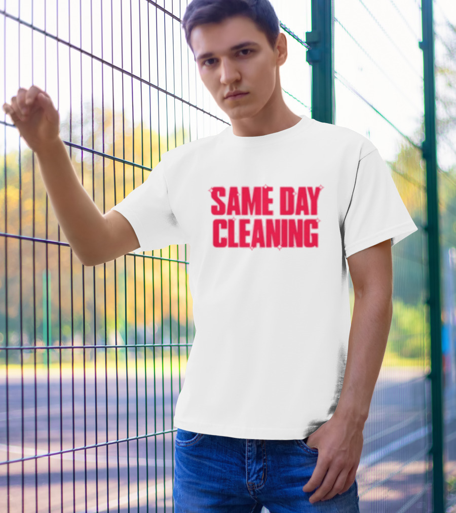 Sammy Virji Same Day Cleaning Bold Red Text T-Shirt