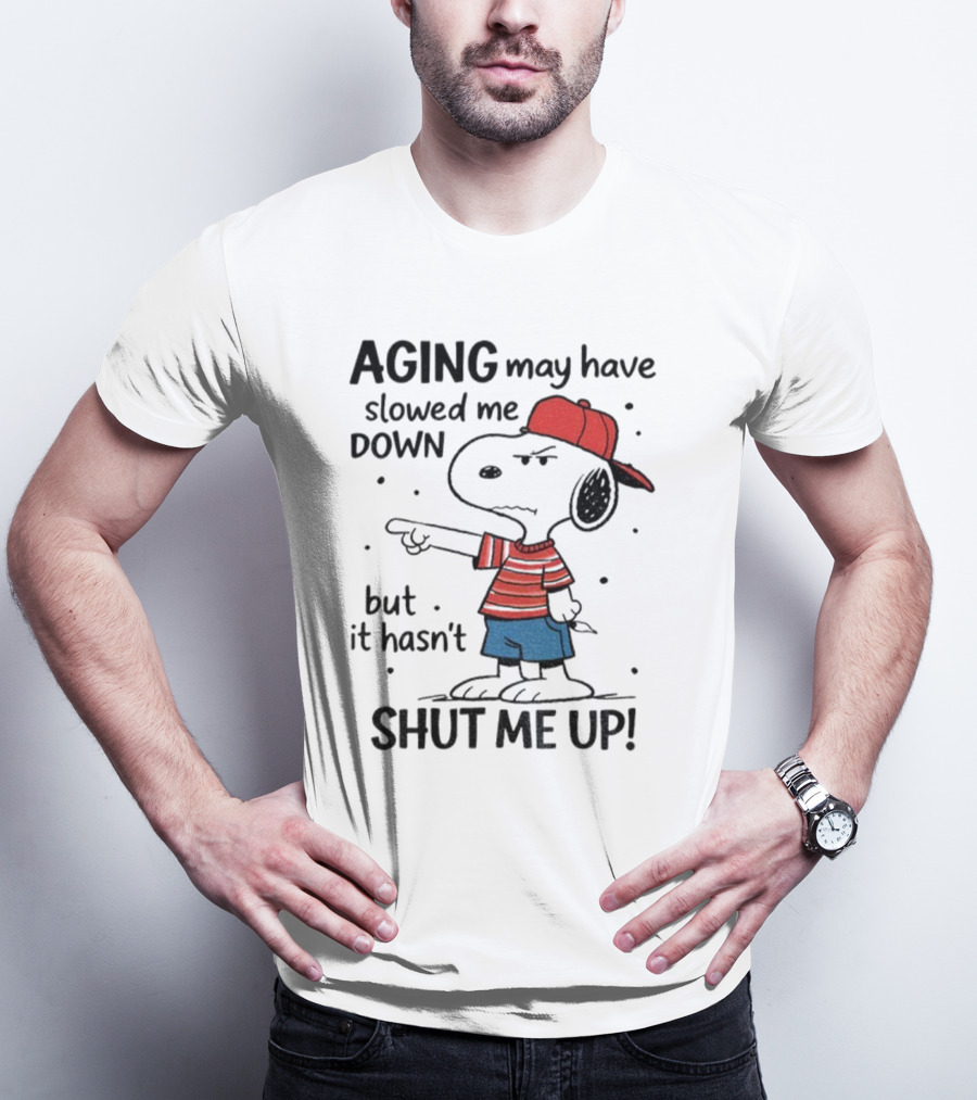 Snoopy Aging May Have Slowed Me Down But It Hasn't Shut Me Up Red Hat Striped Blue Shorts T-Shirt