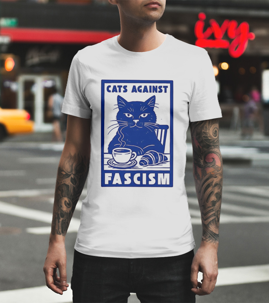 Cats Against Fascism Coffee And Croissant T-Shirt