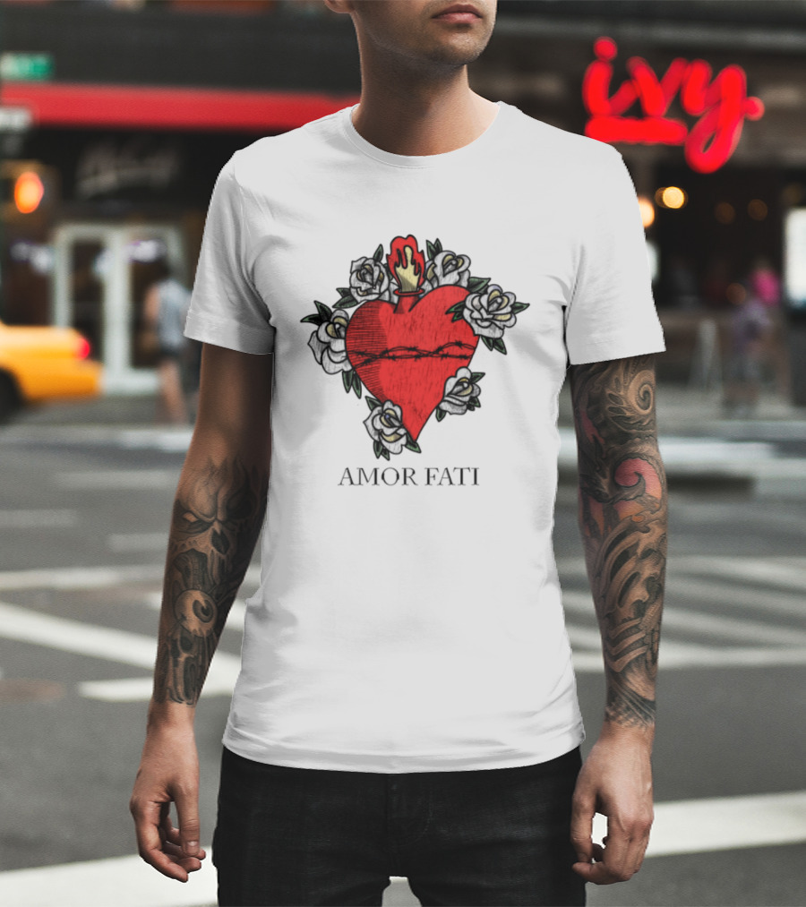 Amor Fati Sacred Heart Barbed Wire Roses Flame T-Shirt