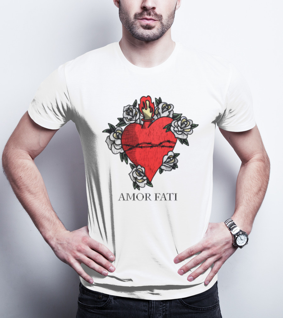 Amor Fati Sacred Heart Barbed Wire Roses Flame T-Shirt