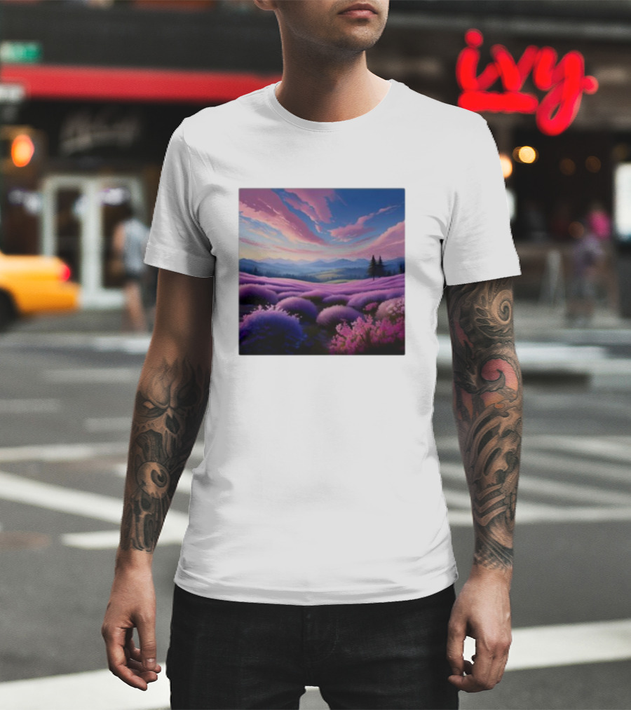 Her Radiant Bloom Lavender Sunset Landscape With Pink And Purple Sky T-Shirt