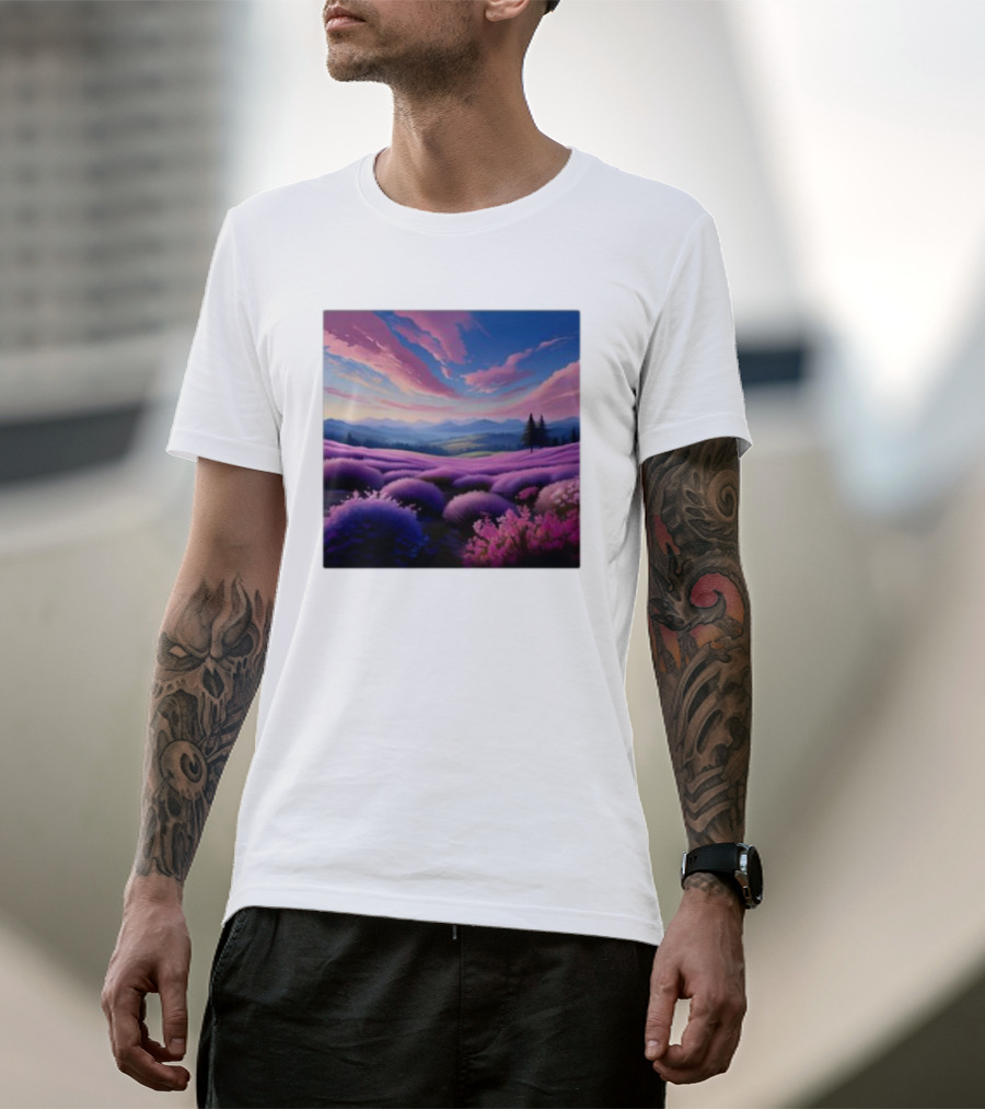 Her Radiant Bloom Lavender Sunset Landscape With Pink And Purple Sky T-Shirt