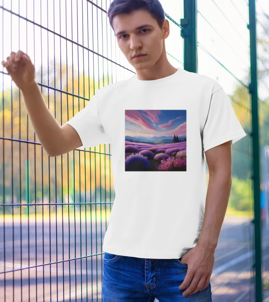 Her Radiant Bloom Lavender Sunset Landscape With Pink And Purple Sky T-Shirt