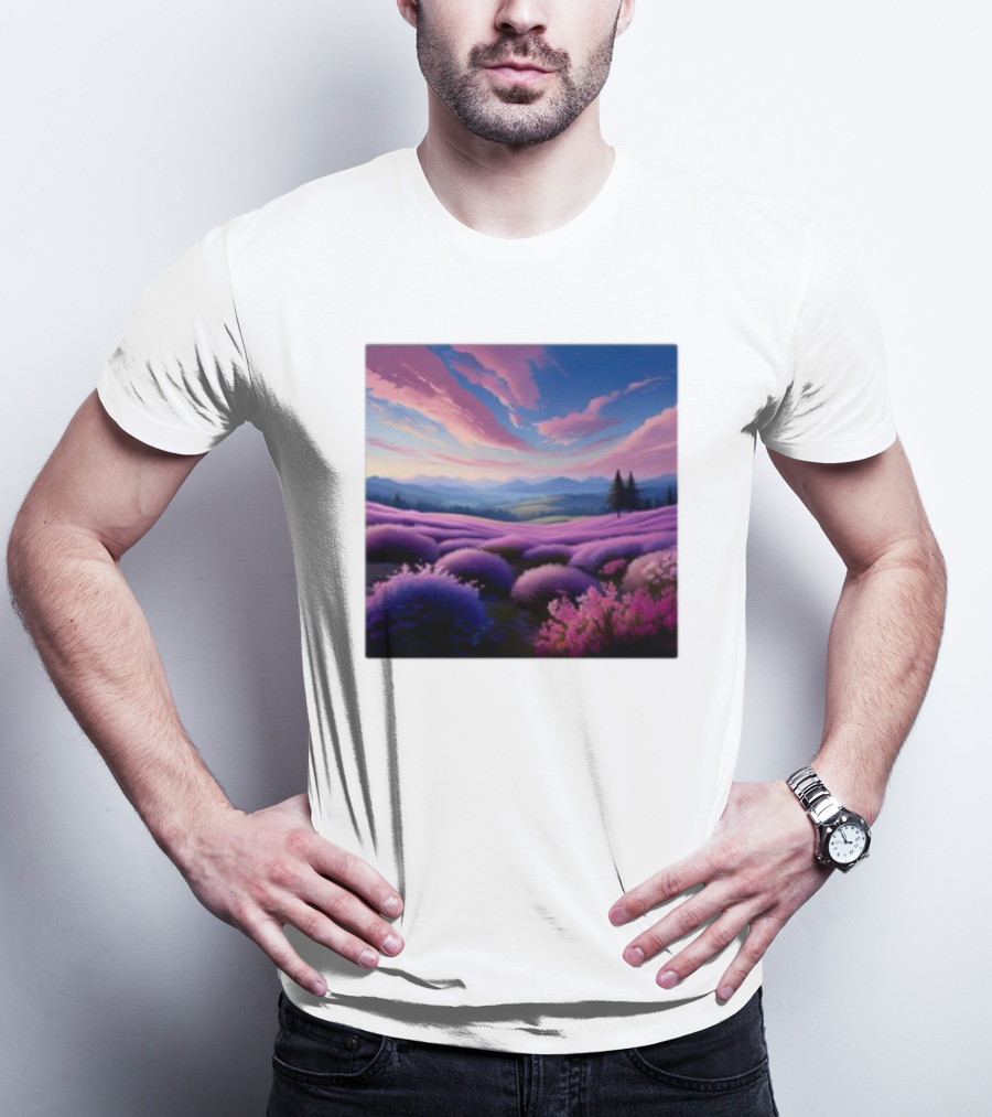 Her Radiant Bloom Lavender Sunset Landscape With Pink And Purple Sky T-Shirt