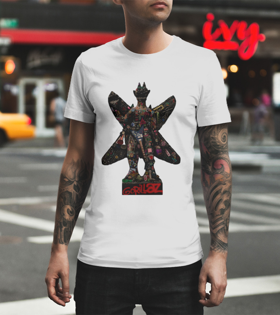 Gorillaz Iconic Pazuzu Figure With Music And Cultural Symbols T-Shirt