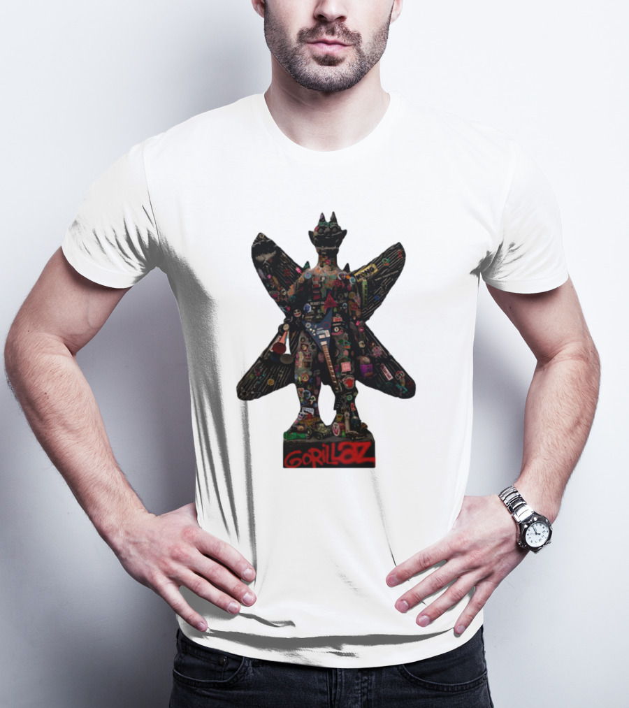 Gorillaz Iconic Pazuzu Figure With Music And Cultural Symbols T-Shirt