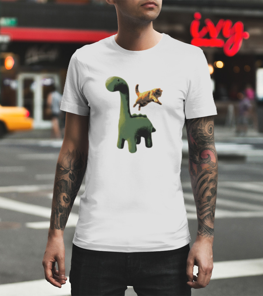 Abram Engle Kurt Dino Green Dinosaur With Leaping Orange Cat T-Shirt