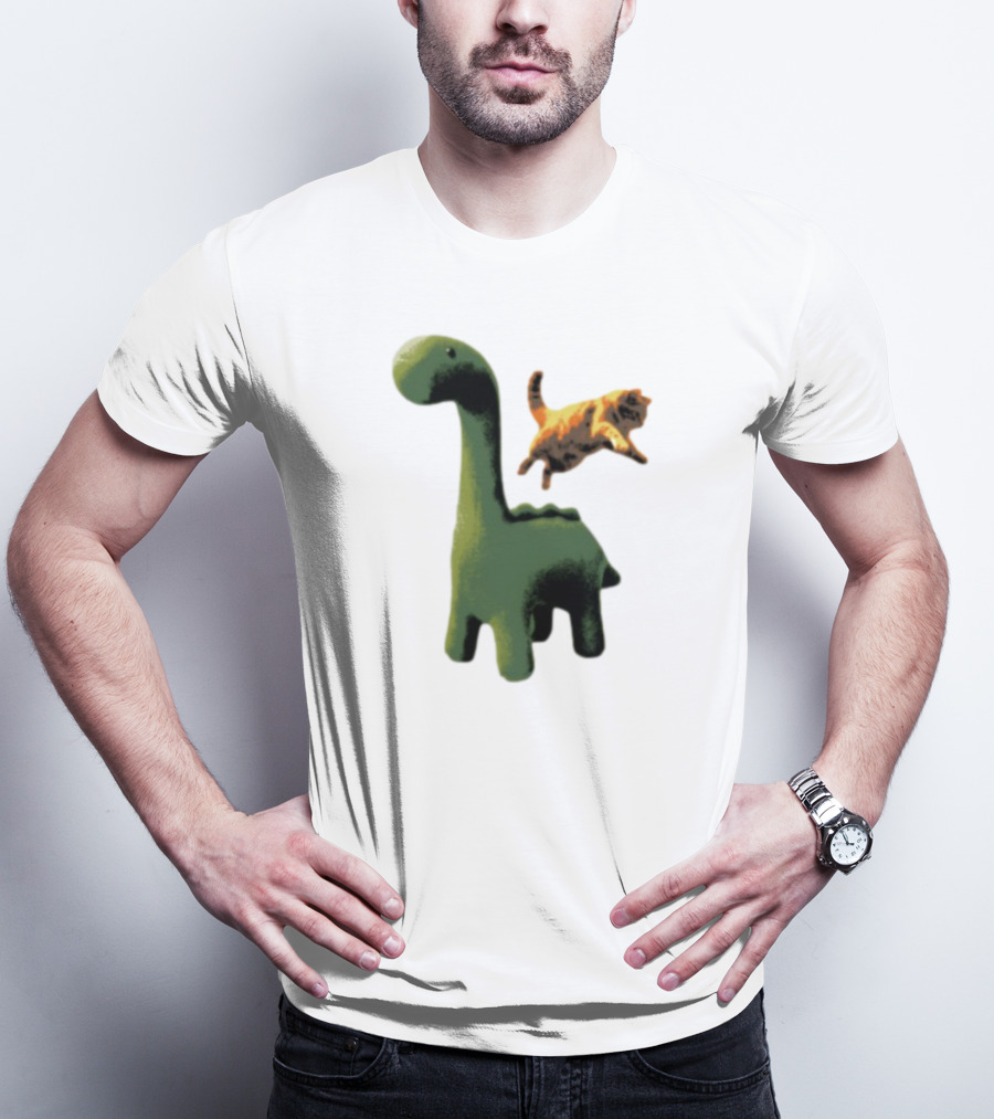 Abram Engle Kurt Dino Green Dinosaur With Leaping Orange Cat T-Shirt