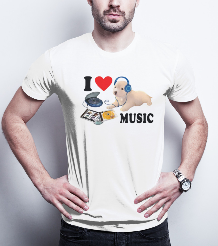 I Love Music Dog Headphones CD Player Album Puppy T-Shirt