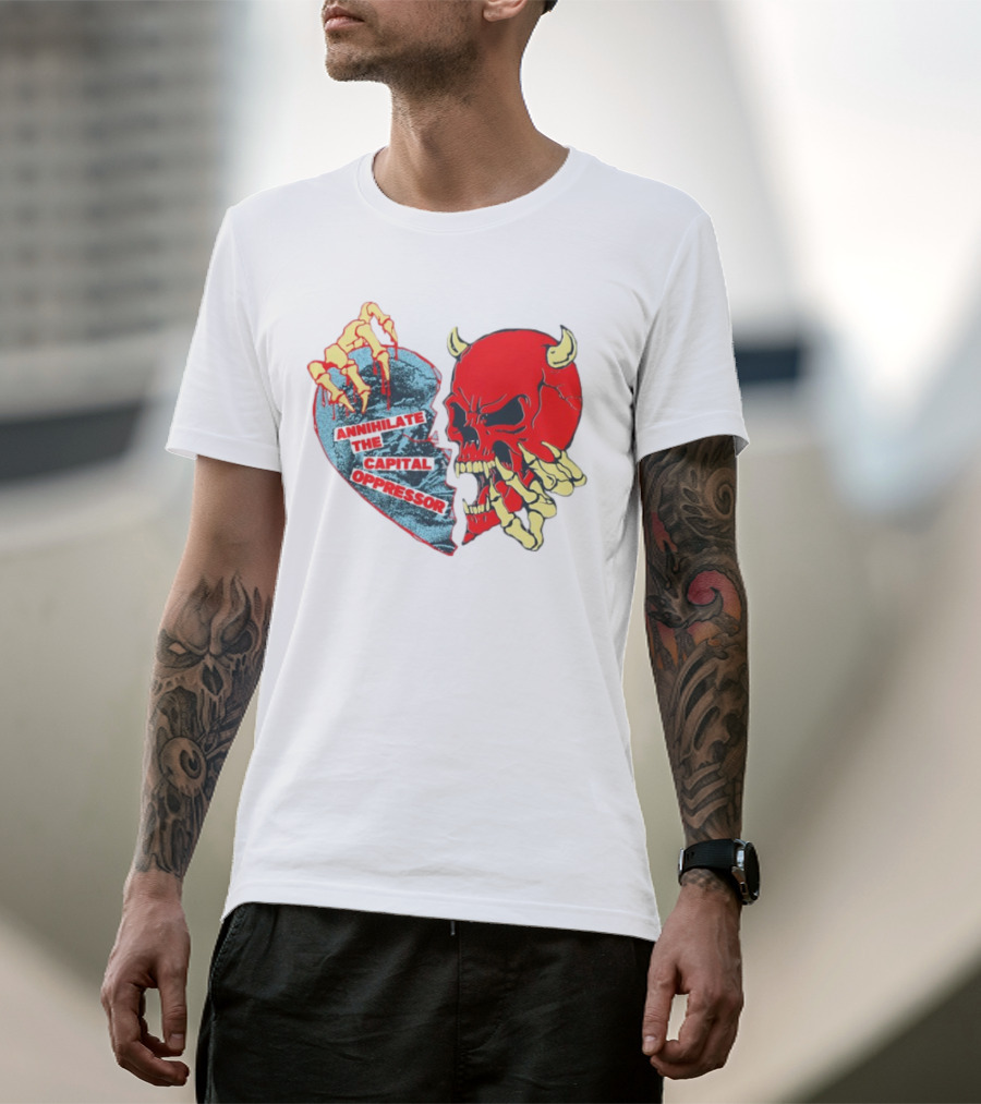 Annihilate The Capital Oppressor Red Skull And Skeleton Heart Design T-Shirt