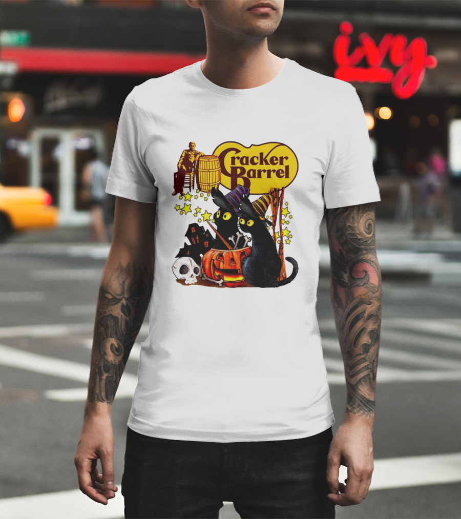 Cracker Barrel Halloween 2025 Black Cat Witches Pumpkin Stars Skulls T-Shirt