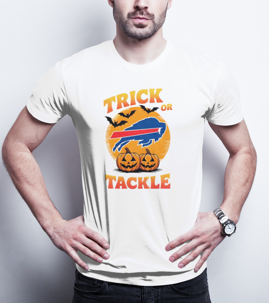 Buffalo Bills Trick Or Tackle Halloween Pumpkins And Bats T-Shirt