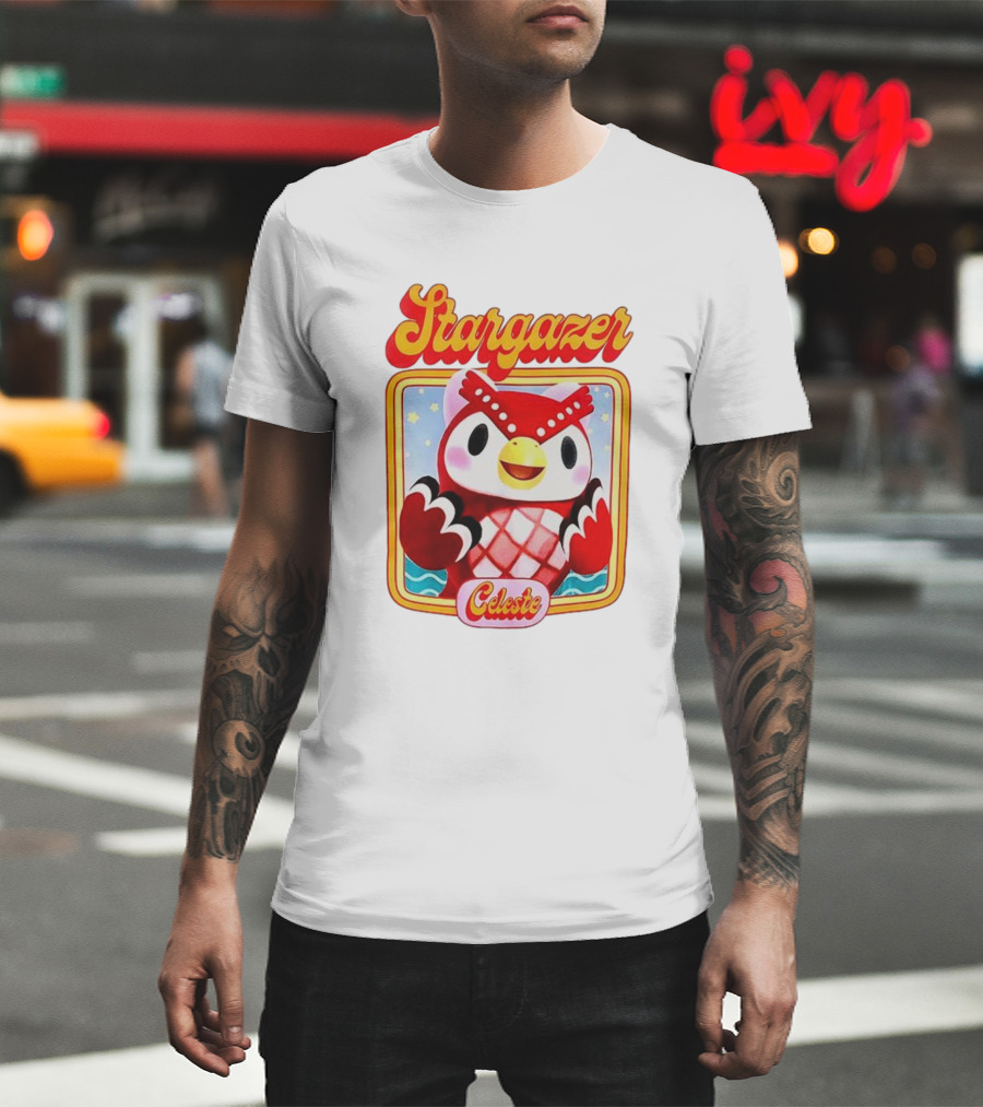 Stargazer Celeste Owl Character With Stars And Ocean Scene T-Shirt