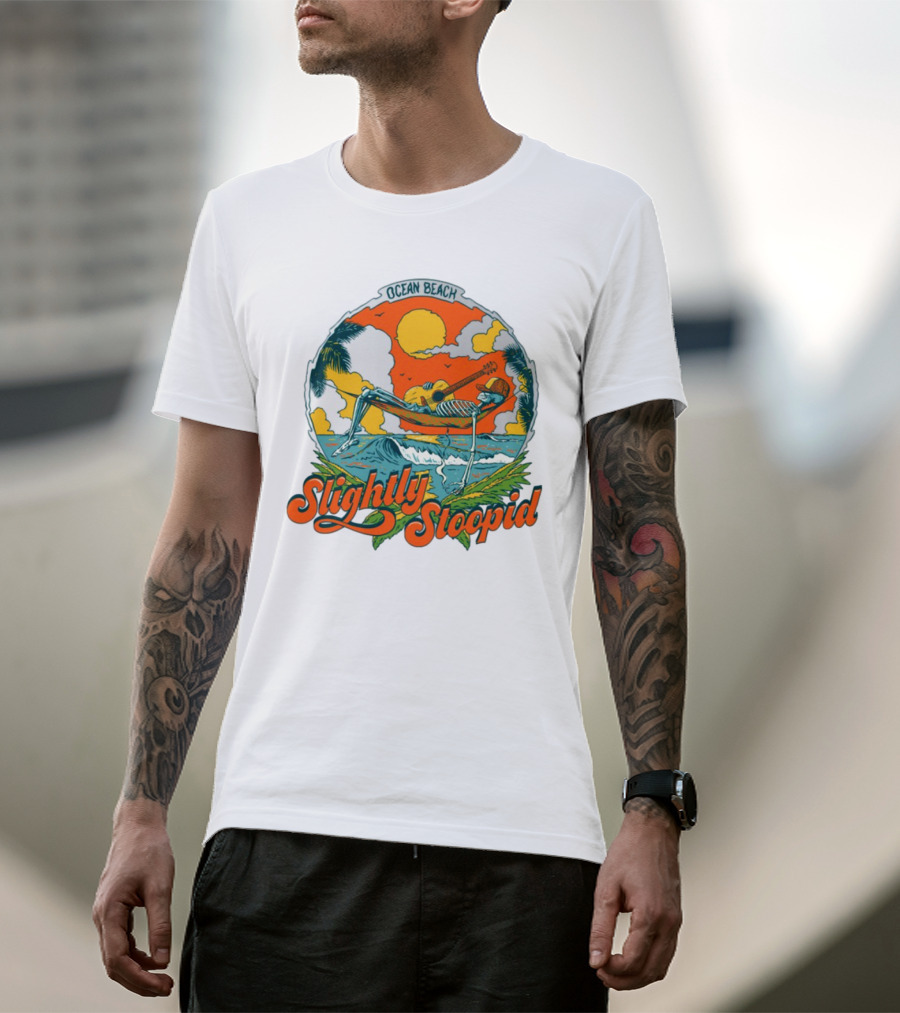 Slightly Stoopid Ocean Beach Skeleton Hammock Sun Guitar T-Shirt