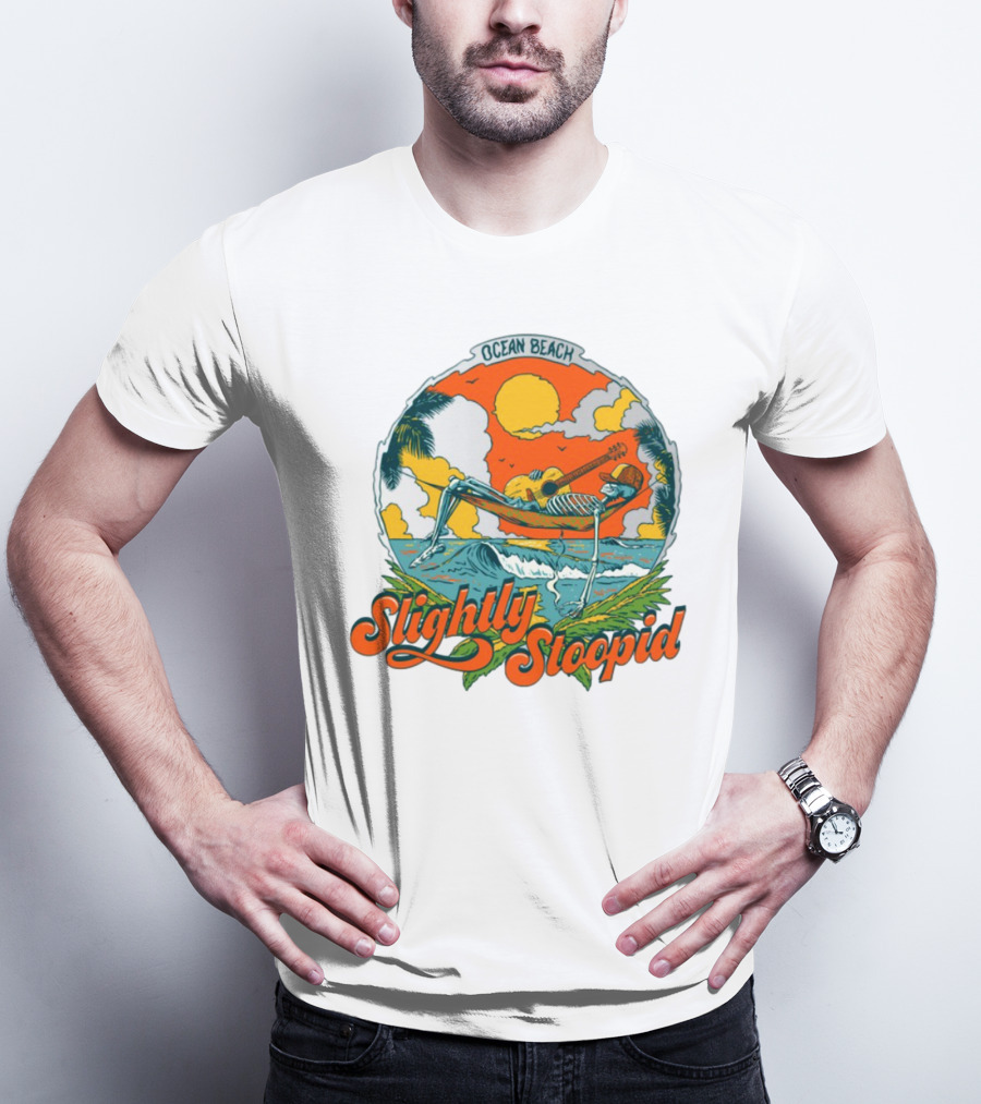 Slightly Stoopid Ocean Beach Skeleton Hammock Sun Guitar T-Shirt