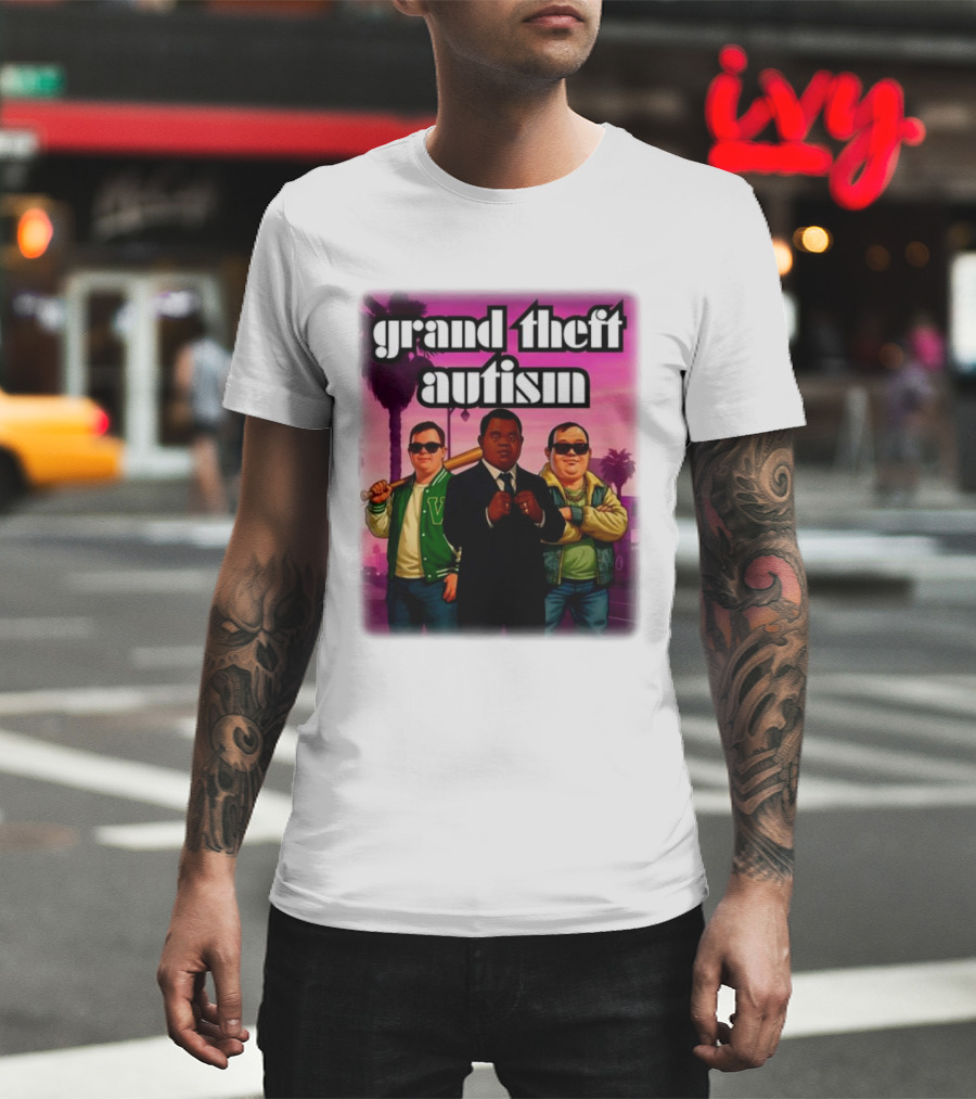 Grand Theft Autism Characters In Iconic Urban Setting T-Shirt