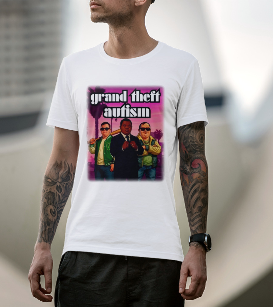 Grand Theft Autism Characters In Iconic Urban Setting T-Shirt