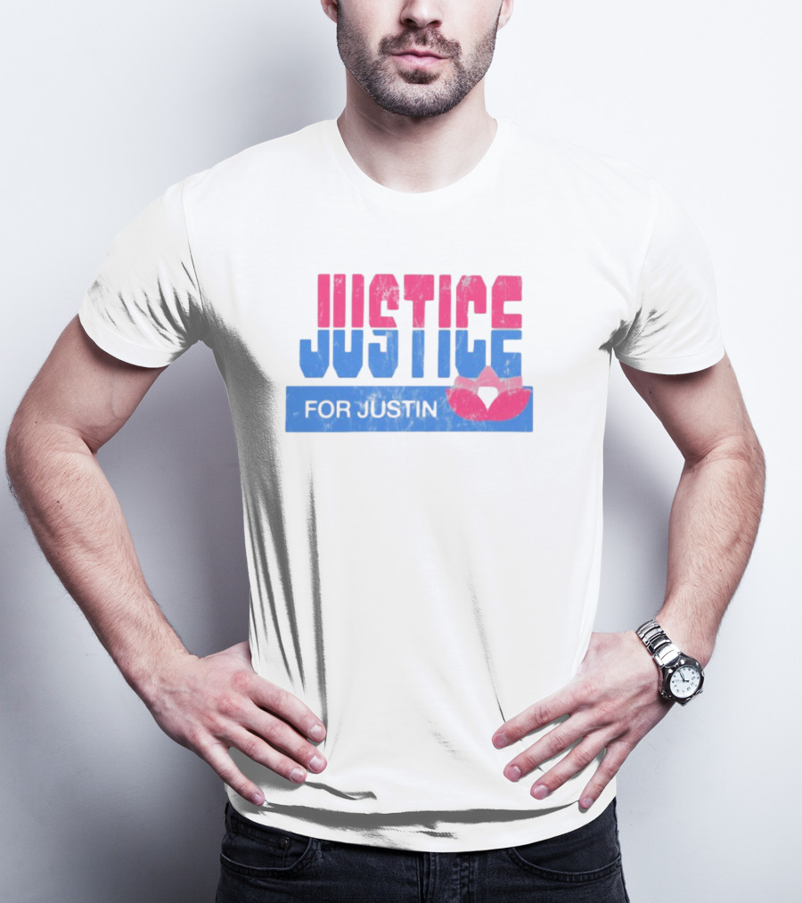 Justice For Justin LGBTQ Pride Pink And Blue Bold Text With Heart Symbol T-Shirt