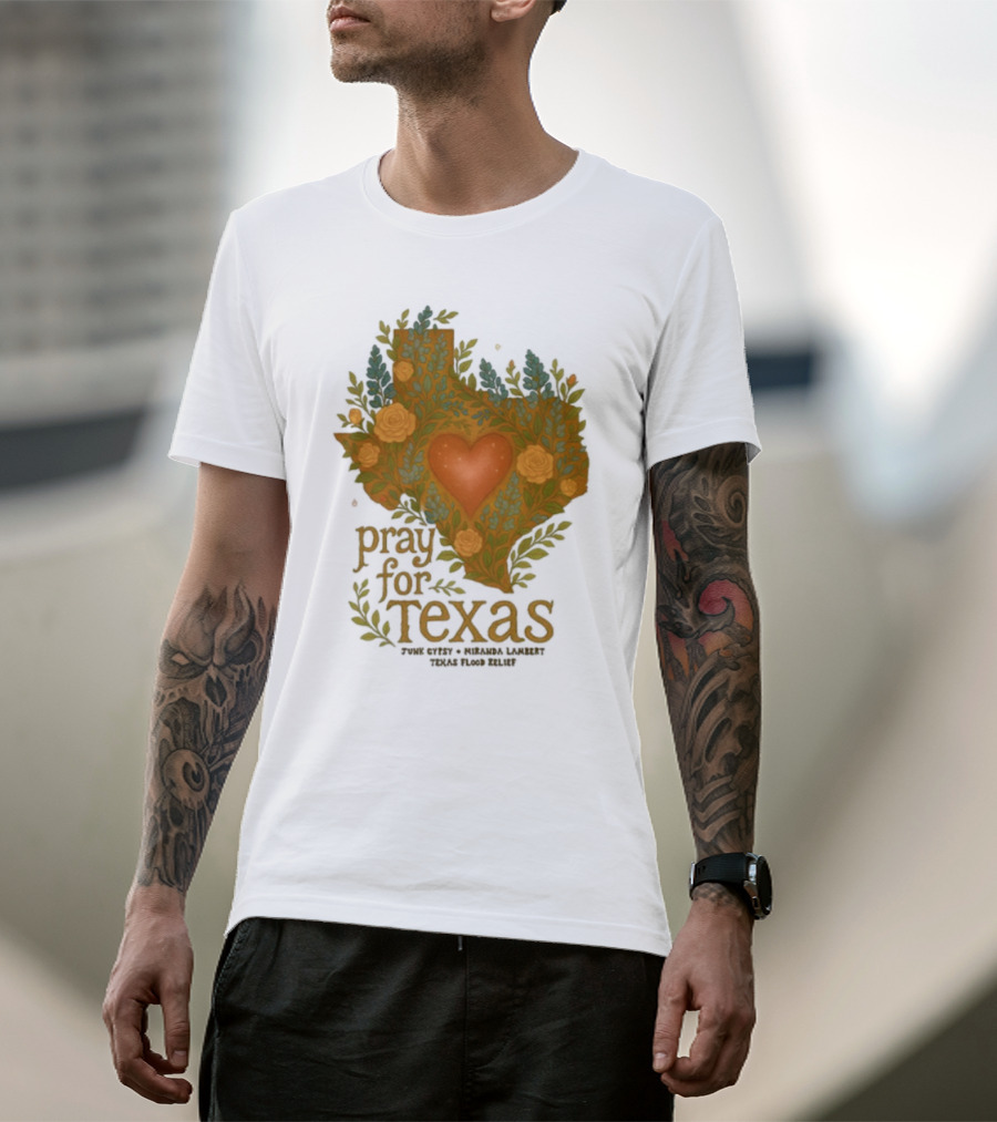 Pray For Texas Flood Relief Heart And Floral Pattern T-Shirt