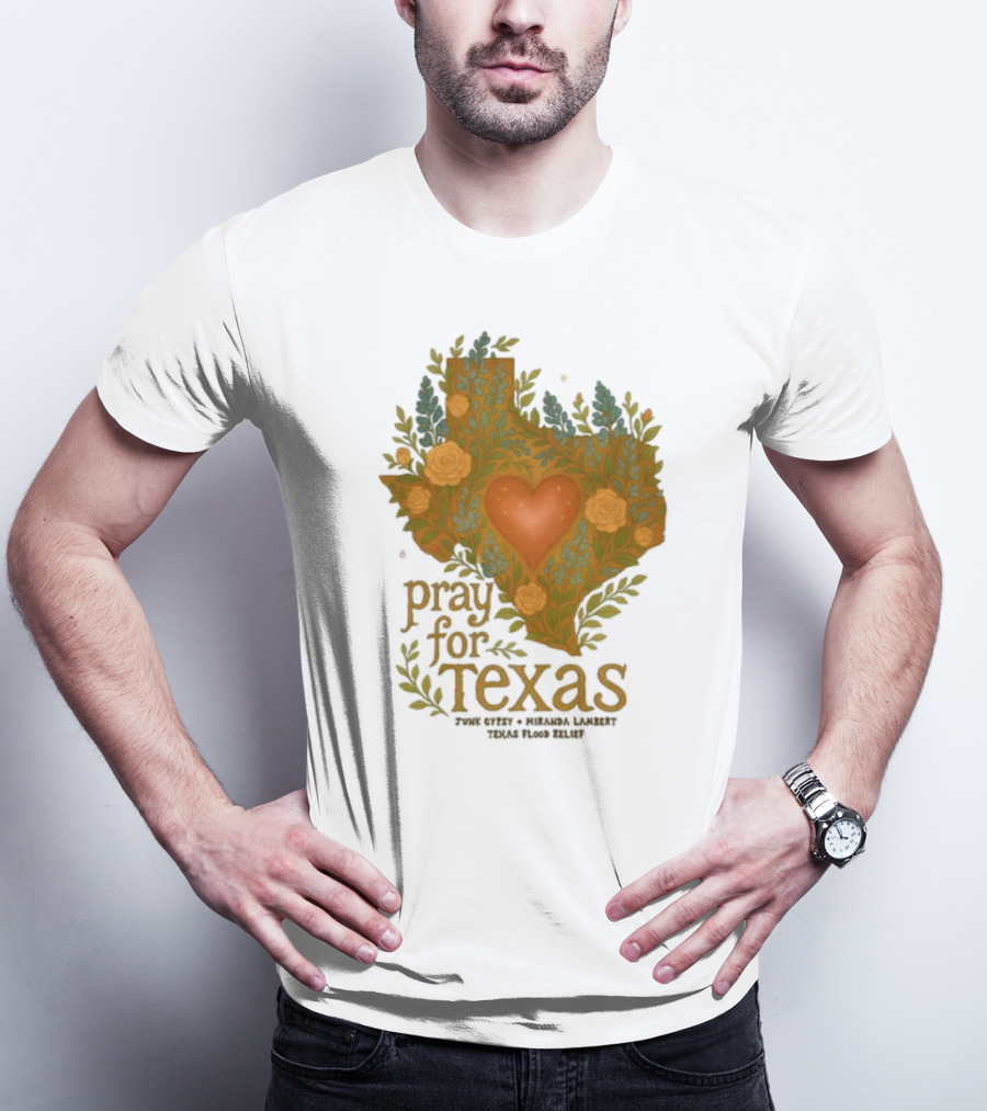Pray For Texas Flood Relief Heart And Floral Pattern T-Shirt