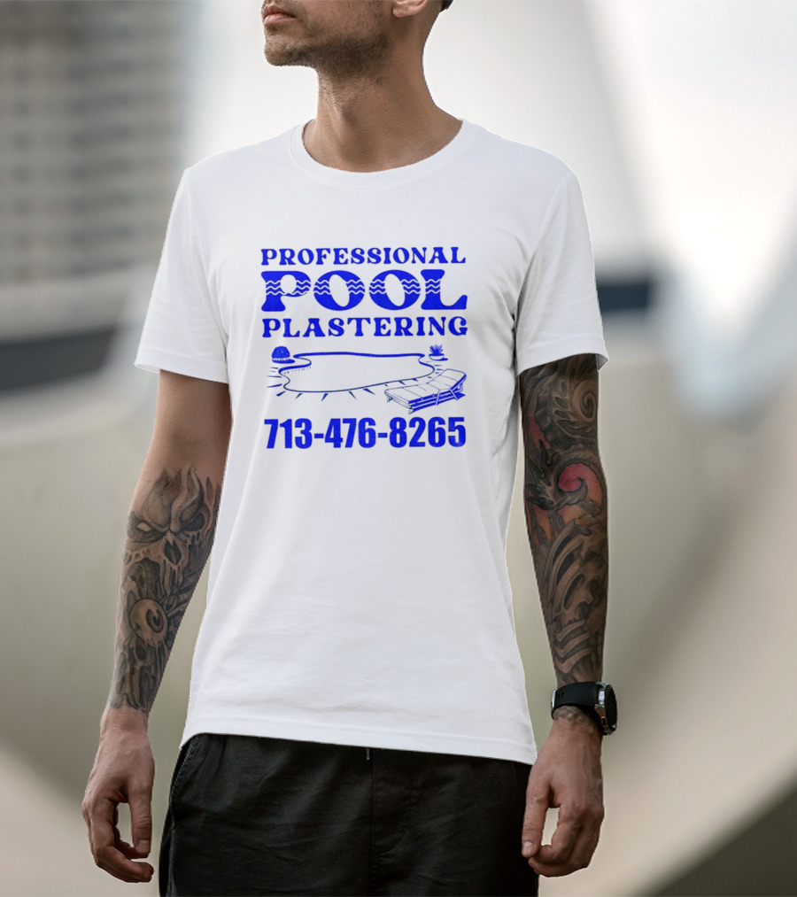PROFESSIONAL POOL PLASTERING 713-476-8265 POOL OUTLINE COCKTAIL AND PALM TREE ICONS T-Shirt