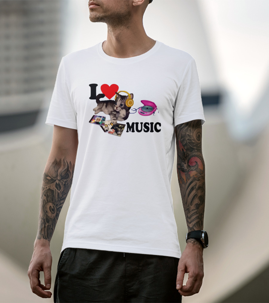 I Love Music Cat Headphones Portable CD Player Cute Cat Photos T-Shirt