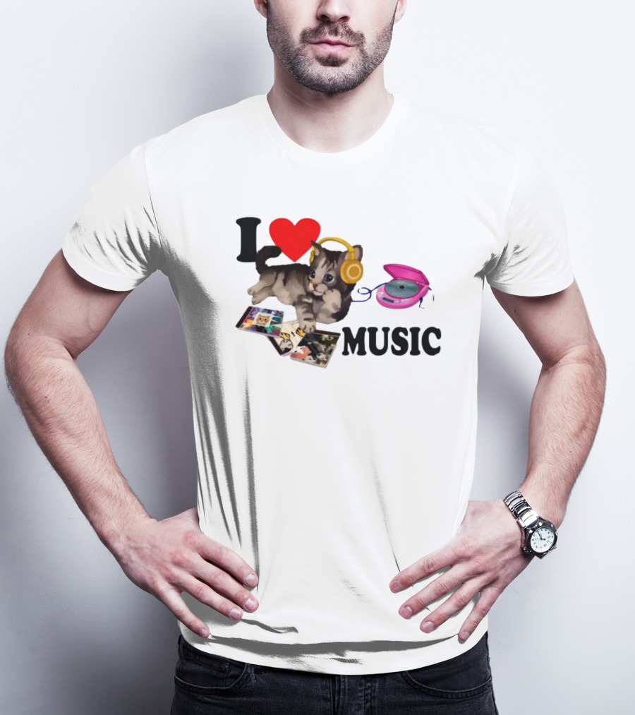 I Love Music Cat Headphones Portable CD Player Cute Cat Photos T-Shirt