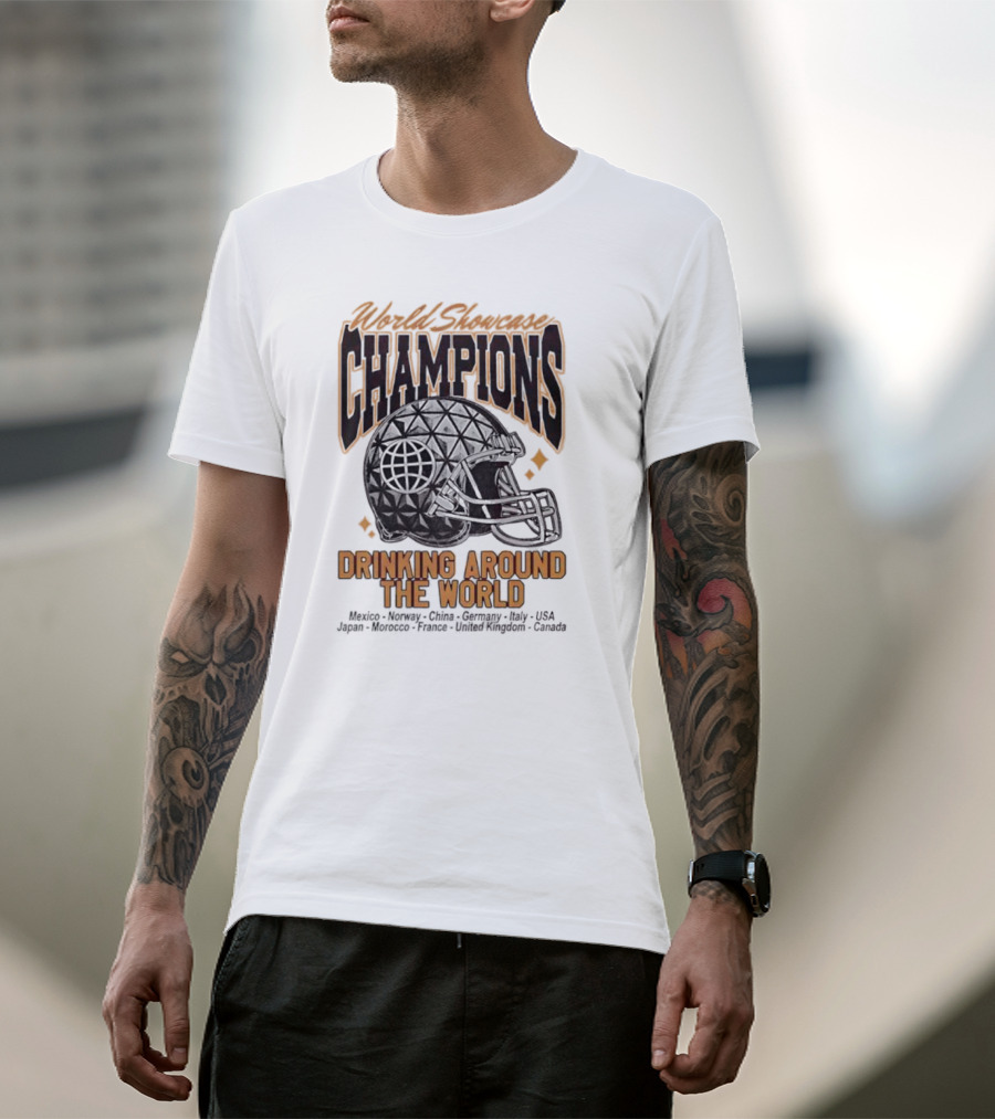 World Showcase Champions Drinking Around The World Helmet USA Canada Spaceship Earth T-Shirt