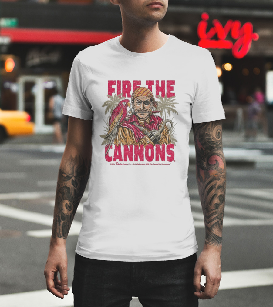 Fire The Cannons Buccaneers Pirate Parrot Palm Trees T-Shirt