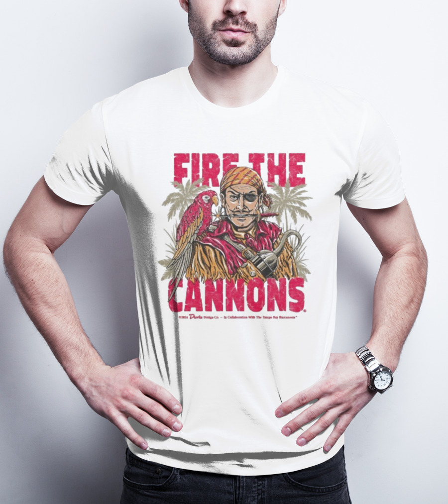 Fire The Cannons Buccaneers Pirate Parrot Palm Trees T-Shirt