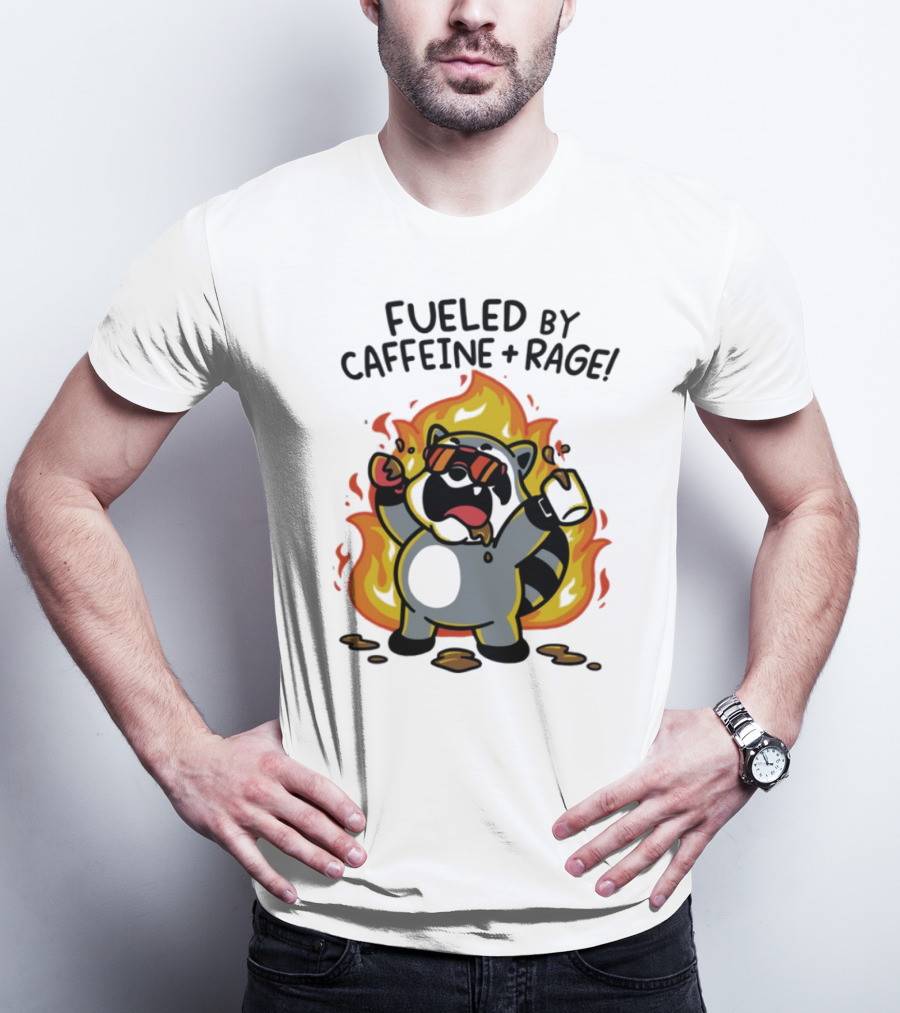 Fueled By Caffeine & Rage Cartoon Raccoon On Fire With Sunglasses T-Shirt